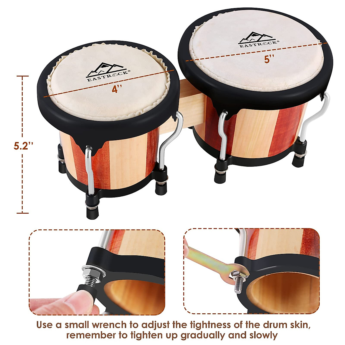EastRock Bongo Drum 4” and 5” Bongos Drum Set for Adults Kids Beginners Professionals Tunable Wood and Metal Drum Percussion Instruments with Tuning Wrench