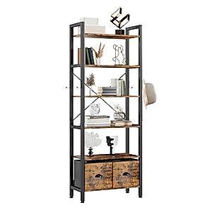 oneinmil 6-Tier Bookshelf with 2 Storage Drawers, Industrial Display Standing Shelf, Rustic Wood Storage Shelf with Metal Frame, Open Bookcases for Living Room, Bedroom, Home Office (Brown)
