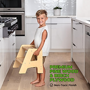 Wooden Step Stools for Kids - Sturdy, Non-Slip, Non-Tip Toddler Step Stool for Bathroom Sink for Your Little One - Varnished