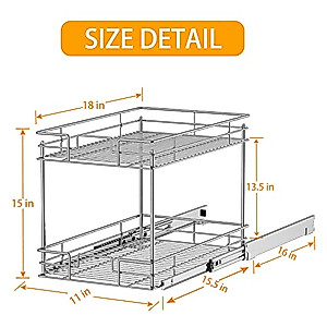 ROOMTEC New Version Pull Out Cabinet Organizer for Base Cabinet (11" W X 18" D), Kitchen Cabinet Organizer and Storage 2-Tier Cabinet Pull Out Shelves Under Cabinet Storage for Kitchen Silver,Chrome