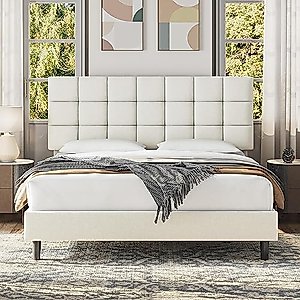 Yaheetech Queen Upholstered Bed Frame, Platform Bed Frame with Square Tufted Fabric Headboard Height Adjustable, Wooden Slats Support, No Box Spring Needed, Beige