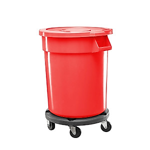 20 Gallon Red Round Commercial Trash Can with Lid and Dolly, Kitchen Waste Bin, Indoor Trash Can, Trash Bin, Durable Wastebasket, Garbage Can, Round Decorative Waste Receptacle for Office or Store