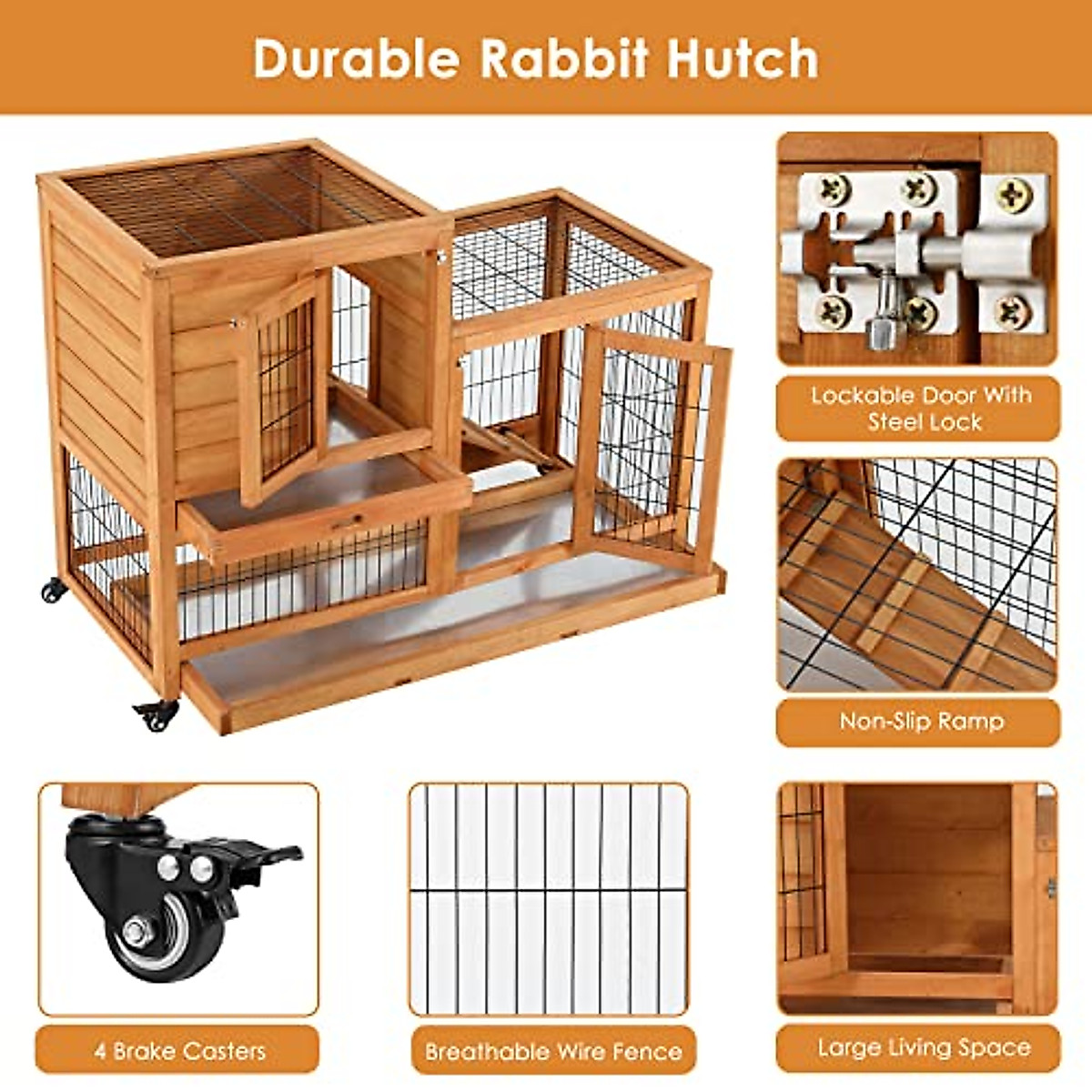 Arlopu Rabbit Hutch on Wheels Rabbit Cage Indoor Bunny Hutch with Run, Wooden Rabbit House with 2 No Leak Trays, 4 Casters, No-Slip Ramp, 2 Lockable Door (Golden red)