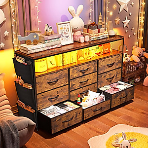 EnHomee Dresser TV Stand with 10 Drawers for 55" TV Stand for Bedroom with LED Lights & Power Outlets Wide Dresser for Bedroom with Shelves & Side Pockets Sturdy Metal Frame & Wood Top, Rustic Brown