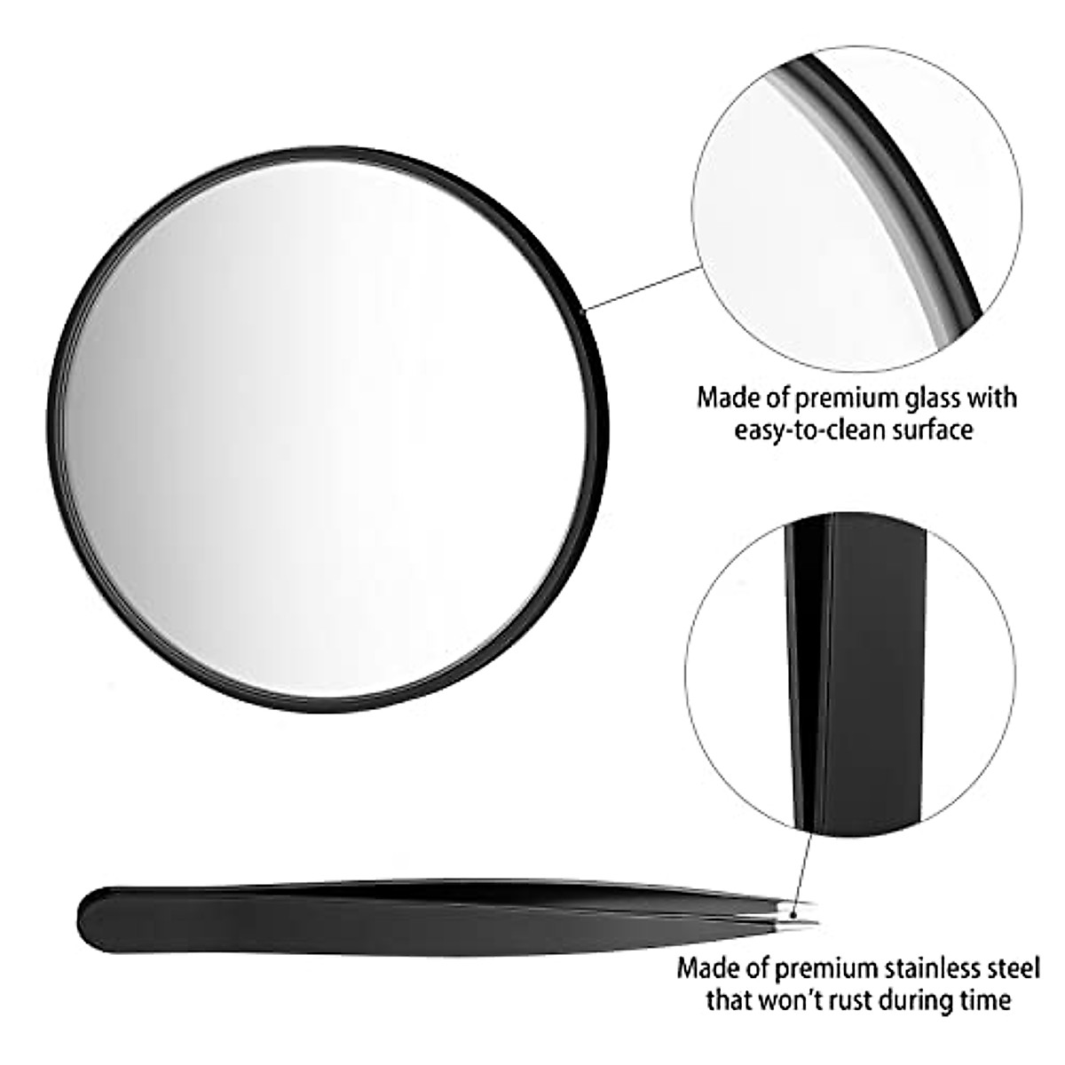 Funtopia Magnifying Mirror, 3.5 Inch 20X Mirror and 10X Magnifier Mirrors with 2 Suction Cups, Small Travel Magnifying Mirror and Tweezers Kit for Eyebrow Tweezing, Blackhead Blemish Removal (Black)