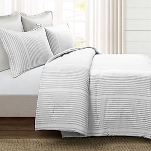 Lush Decor Farmhouse Drew Stripe Silver-Infused 5 Piece Comforter Set, Full/Queen, Neutral
