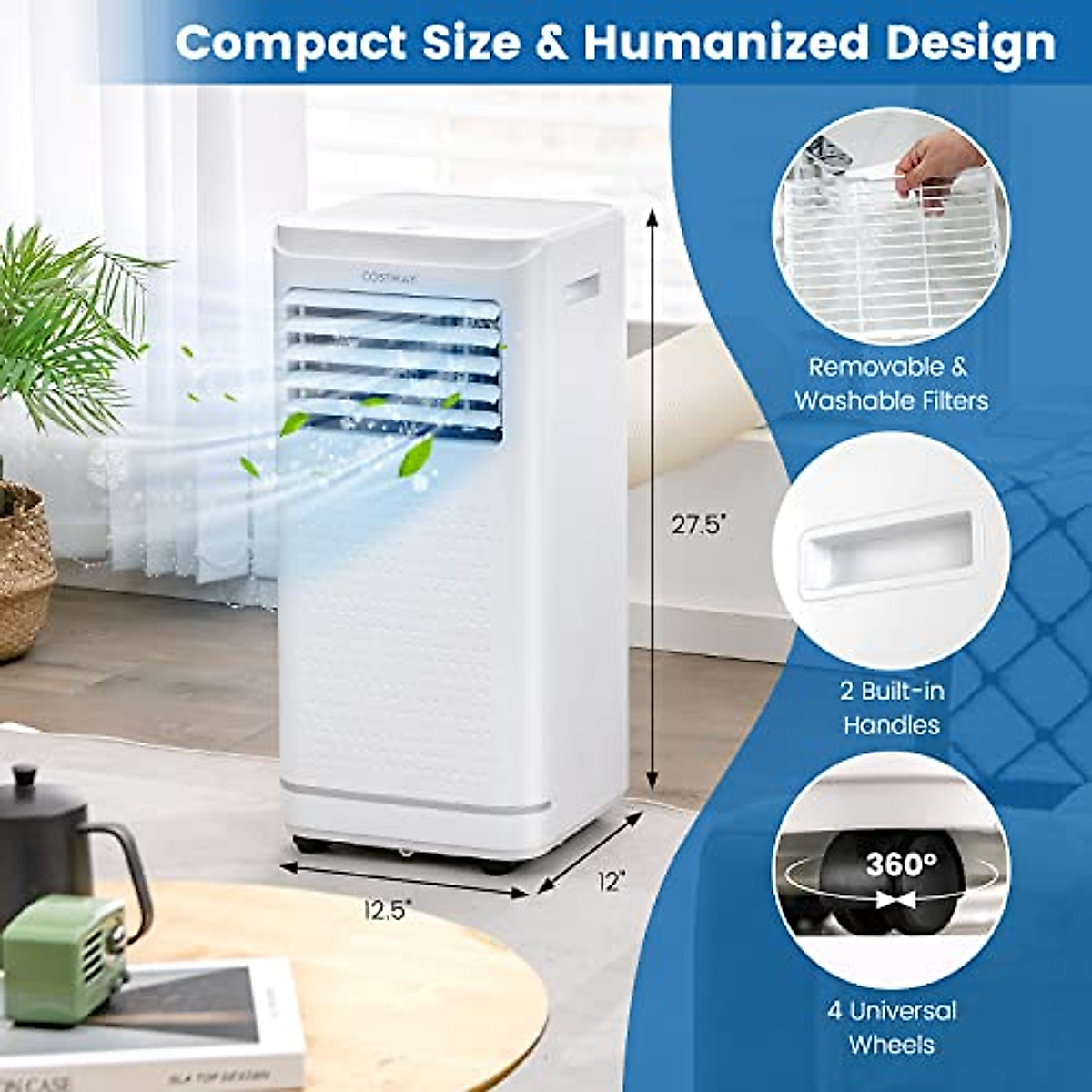 COSTWAY 10000 BTU Portable Air Conditioner, Personal AC Unit with Dehumidifier & Fan Mode, Sleep Mode, 24H Timer, LED Display, Child Lock, Remote Control, Cool Rooms up to 350 Sq.Ft (10000BTU)