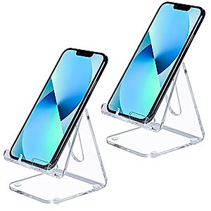Kamehame 2 Pack Phone Holder for Desk, Clear Acrylic Cell Phone Stand, Compatible with Phone 13 Pro Max 11 12 XR 7 8 Plus SE, Android Smartphone, Pad, Desk Accessories for Home Office