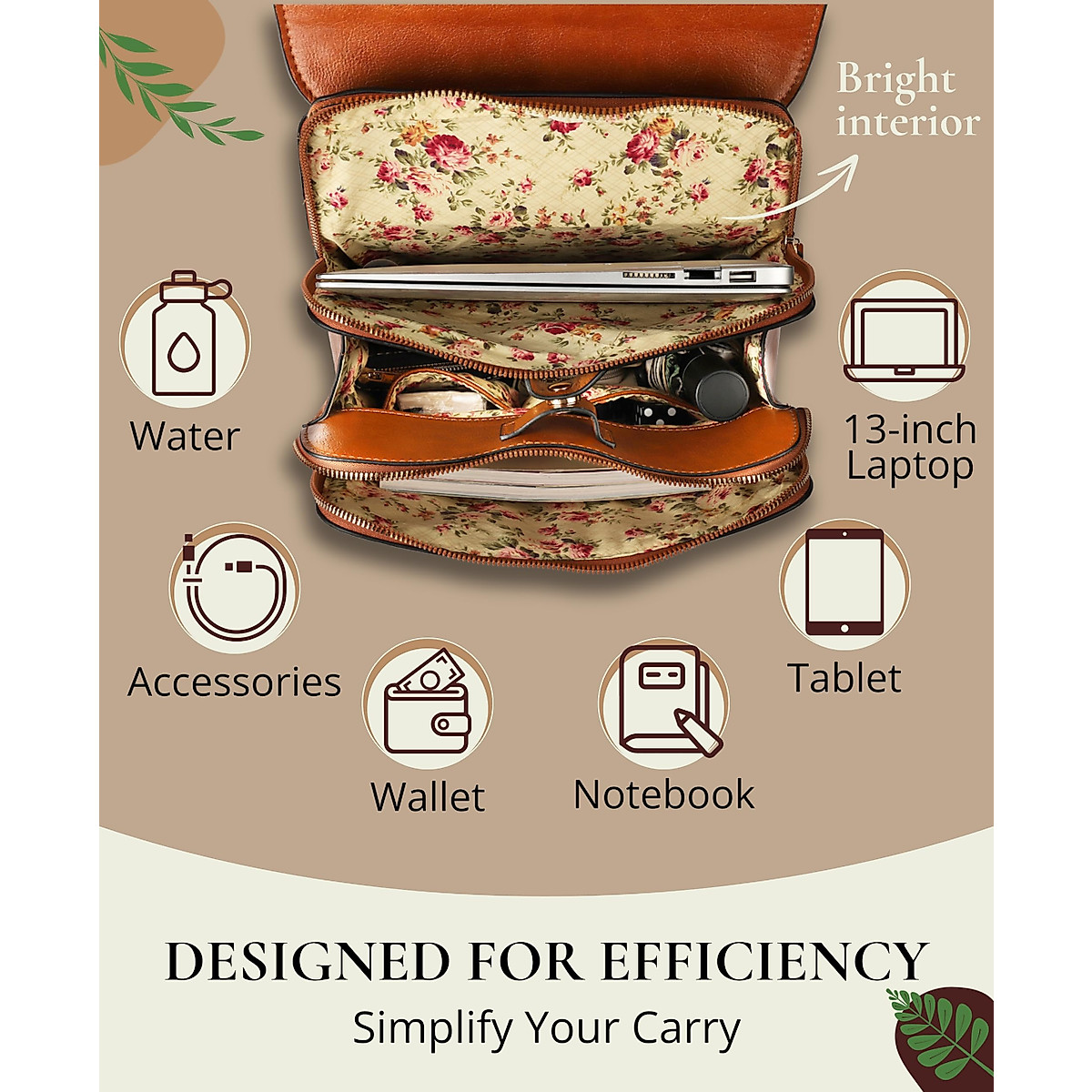 rofozzi Layla Large Backpack Purse for Women - 13-inch Laptop Backpack for Office - Top Handle 3-Compartment Everyday Fashion Backpack - Water-Resistant Easy to Care Vegan Leather Bag Pack