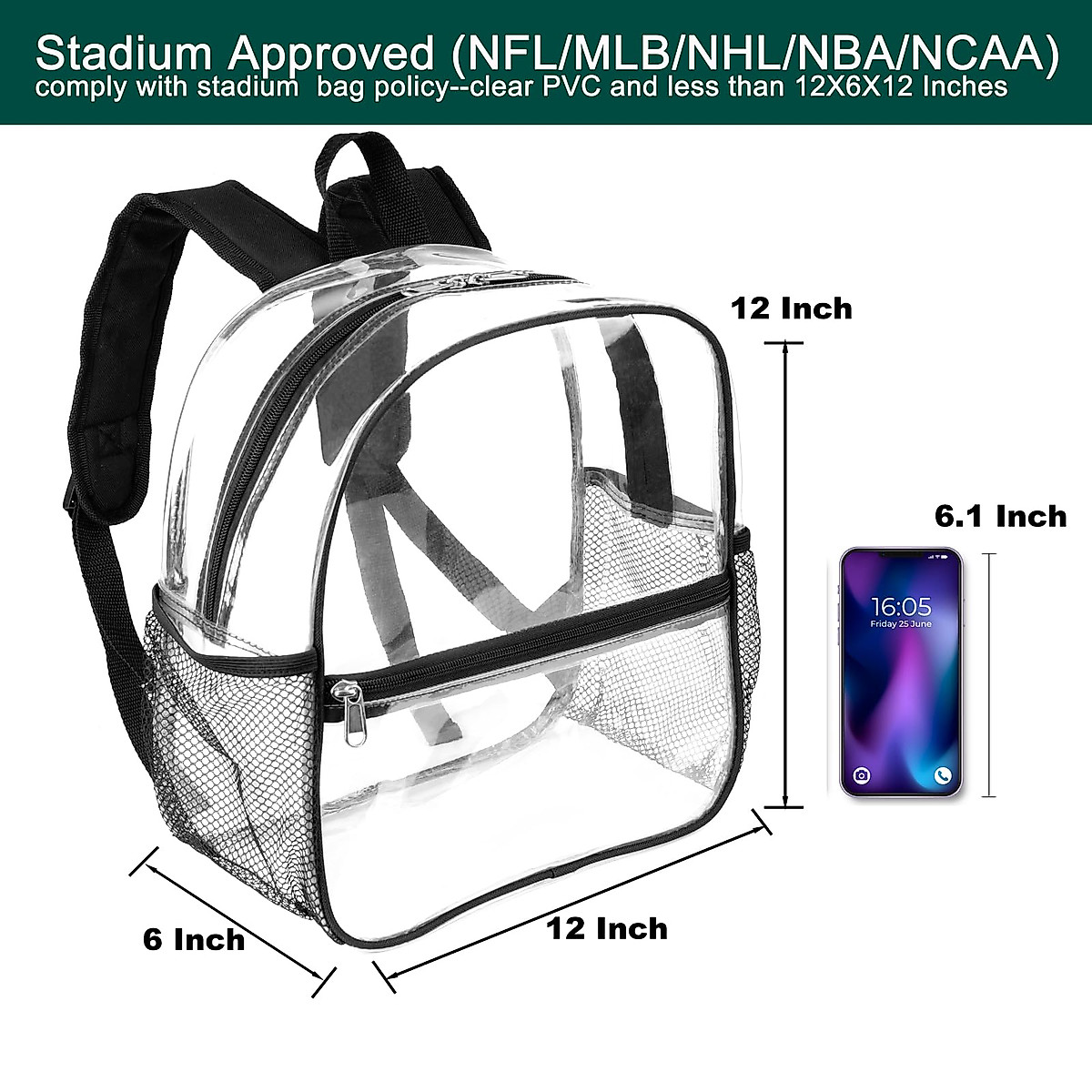 Keepcross Stadium Approved Clear Backpack 12x12x6 for Festival Games Sporting Events Concerts,Small Clear Mini Backpack with Reinforced Straps for Women Girls Men,Black