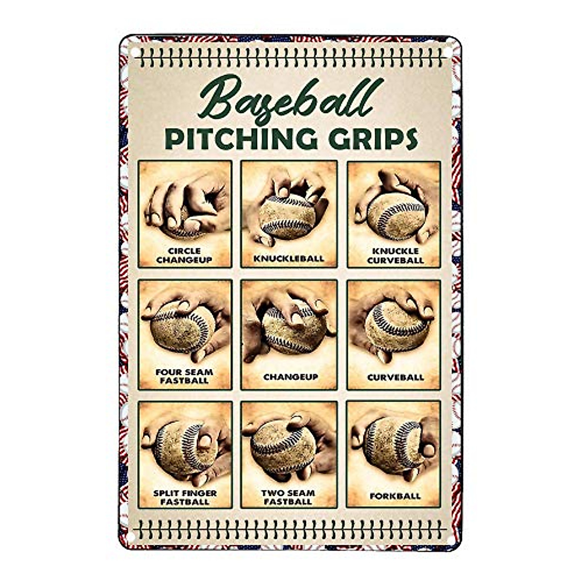 Baseball Pitching Grips Retro Metal Sign Tin Sign Retro Art Print Poster Decoration Bar Cafe Club Wall Plaque 8x12 Inches
