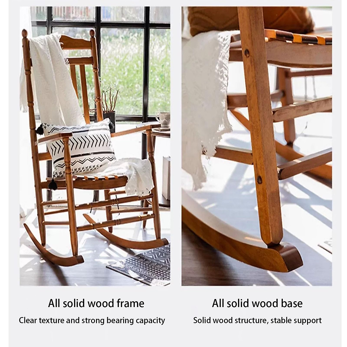 Outdoor Solid Wood Living Room Rocking Chairs, American Country Style Patio Chairs for Adults, Casual Summer Nordic Balcony Outside Furniture, Load-Bearing 175kg/385lbs