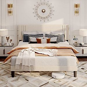 Gizoon Full Bed Frame with Wingback Headboard, Upholstered Platform Bed with Modern Geometric Headboard, Wooden Slats, Noise-Free, No Box Spring Needed