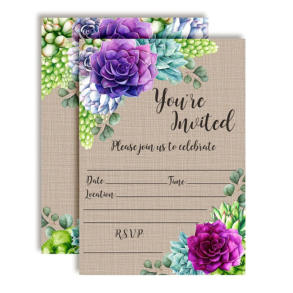 Watercolor Succulent Party Invitations for Birthdays, Baby Showers, Bridal Showers and More! 20 5x7 Fill In Cards with Twenty White Envelopes by AmandaCreation