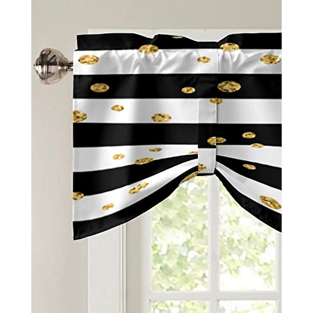 Livencher Tie-Up Valance Curtains for Window - Black and White Stripe Gold Polka Dot Kitchen Valance - Light Filtering Valance Curtains Short Curtains with Adjustable Tie 42"x12"