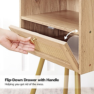 HOOBRO Nightstand with Charging Station, Side Table with Rattan-Like Decor Drawer, Rattan End Table with Open Storage, Bedside Table for Bedroom, Study Room, White Oak DO92UBZ01