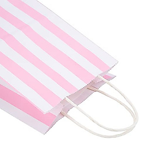 RNORRI Gift Bags 50Pcs 5.25x3.75x8 Inch Paper Bags Small Pink And White Bags Pink Party Bags Shopping Bags With Handles, Striped Bags For Baby Shower, Birthday, Business, Retail