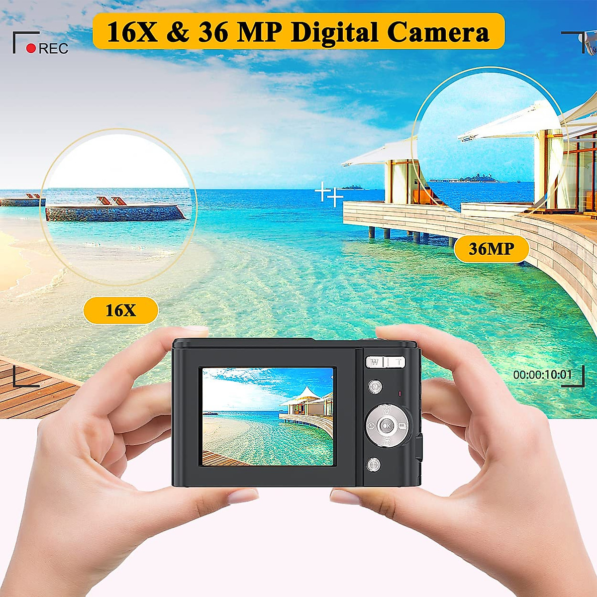 Digital Camera - Compact Vlogging Camera 1080P with 36.0 Mega Pixels 16X Digital Zoom, 2 Batteries, AUFOYA Portable Mini Camera for Photography, Kids, Students, Teens, Adult (Black)