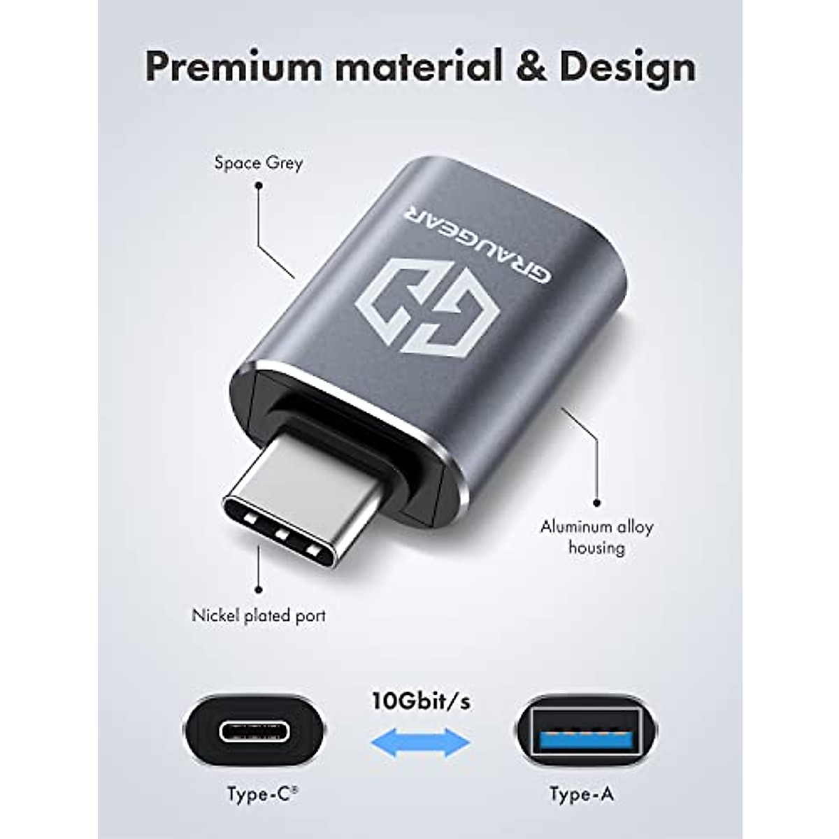 GRAUGEAR USB C to USB Adapter Pack of 2, 10Gbps Data Transfer, USB C Male to USB A Female Adapter 10Gbps, Compatible with PC, Laptop, MacBook, iPhone, iPad, Apple Watch, USB Charger, Type C Devices