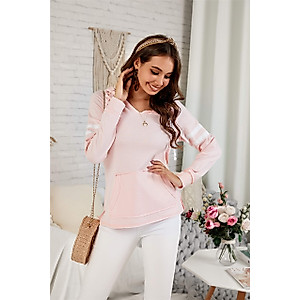 Womens V Neck Hoodies with Pockets Long Sleeve Striped Pullover Tops Sweatshirt Pink