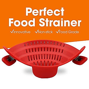 Cheer Collection Silicone Clip on Pot Strainer, Heat-resistant Snap-On Strainer for Pasta, Noodles, Rice, Meats and Vegetables, Red