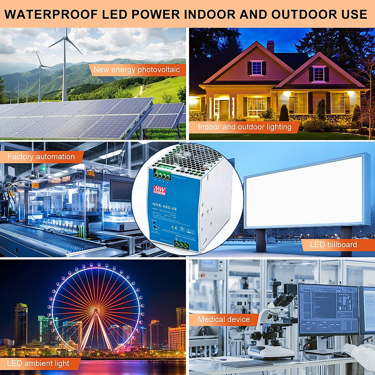 DynMach NDR-480-48 Industrial DIN Rail Power Supply 480W, 48V, 10A, High-Efficiency 93%,90-264VAC Universal Input, Reliable & Durable for Advanced Manufacturing, Automation & Scientific Research