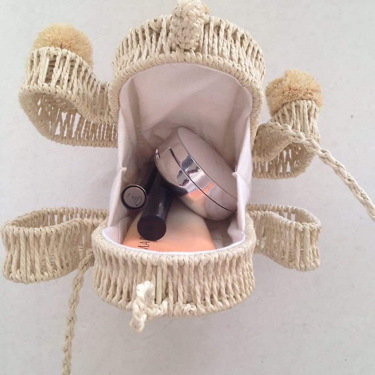 NIBD Beach Bag Cactus Straw Bag Summer Bags with Pom Pom Women Messenger Handbag Braided New Rattan Bag, Beige, 7.5"*7.5"*2.4"