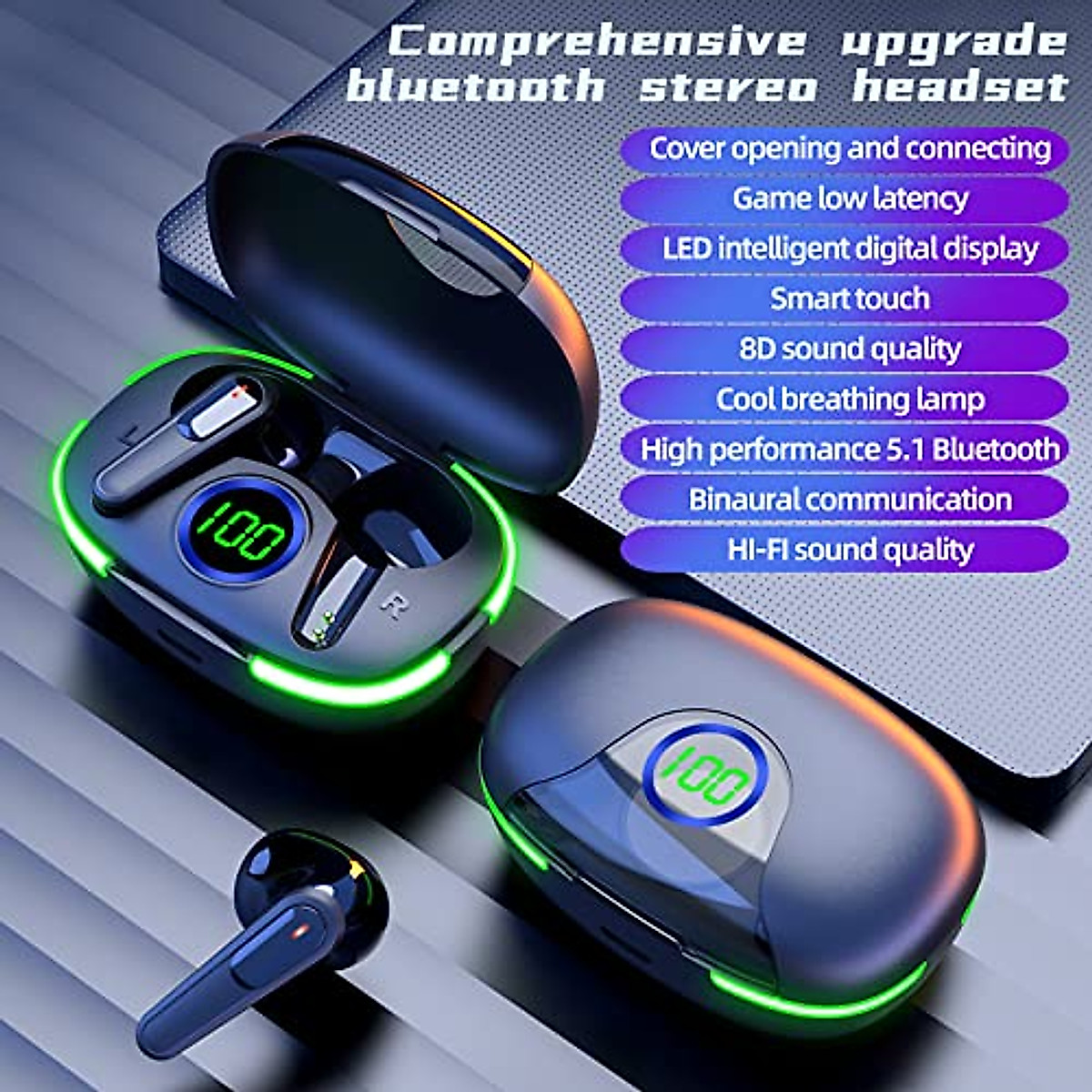 Liladuo True Wireless Earbuds, Bluetooth 5.1 Headphones Touch Control with Charging Case IPX4 Waterproof Stereo Earphones in Ear Built-in Microphone, Compatible with Apple & Android