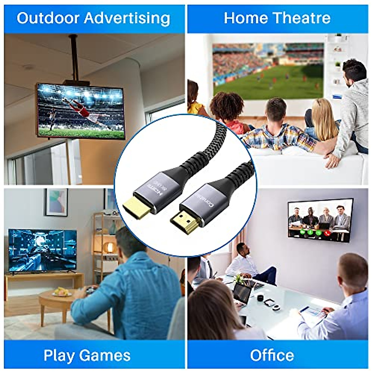 Certified HDMI Cable, Real 8K 2.1 Cable 2 Feet (2 Pack), 48Gbps, Short Ultra HD Braided Cord, Supports 8K@60Hz 4K@120Hz, eARC, HDR, HDCP 2.2 2.3, for Laptop, Monitor, Switch, PS5/PS4, Xbox, UHD TV