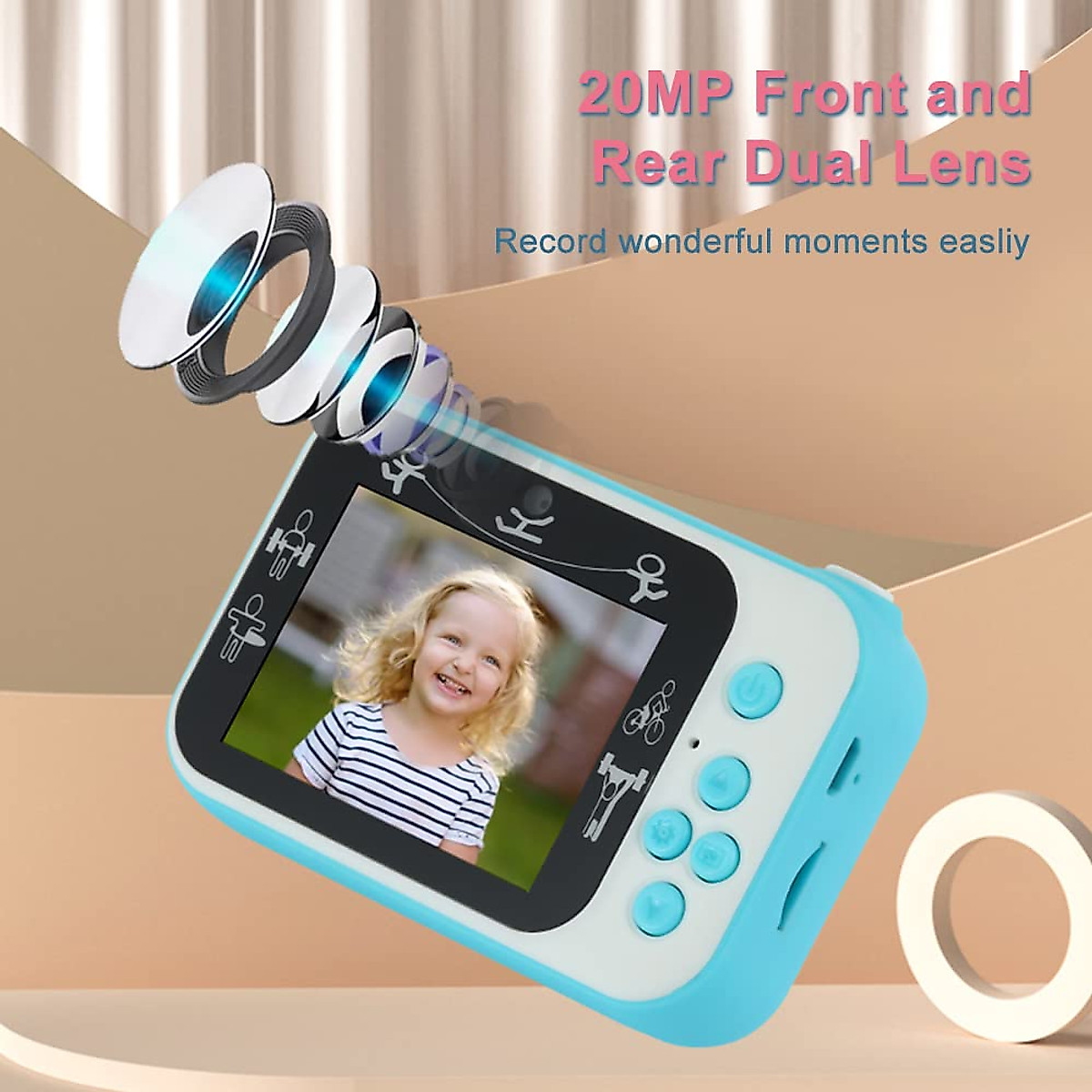 Camnoon 1080P Mini Kids Digital Camera Digital for Kids Dual Lens 2.4 Inch IPS Screen Built-in Battery Cute Photo Frames Interesting Games with Neck Strap Birthday for Boys Girls