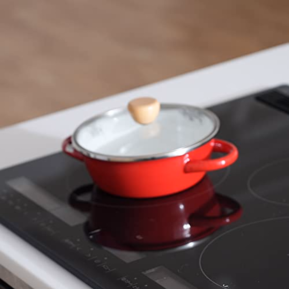 Pearl Metal HB-4875 Frying Pot, Red, 6.3 inches (16 cm), Enameled Glass Lid, Petite Cook