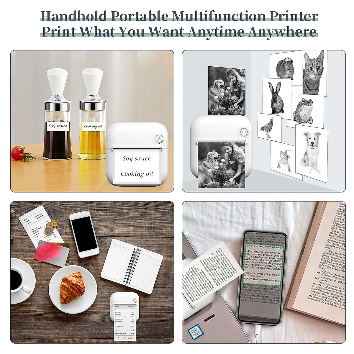 Sticker Printer, Mini Printer,Inkless Sticker Printer,Mini Sticker Printer,Compatible With IOS + Android for Learning Assistance, 3 Pcs sticker rolls, Study Notes, Memo, Fun, Work, Journal (White)