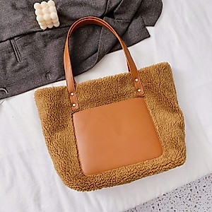 QTMY Faux Fur Tote Bag, Cute Bear Purse Handbag for Women (Light Brown)