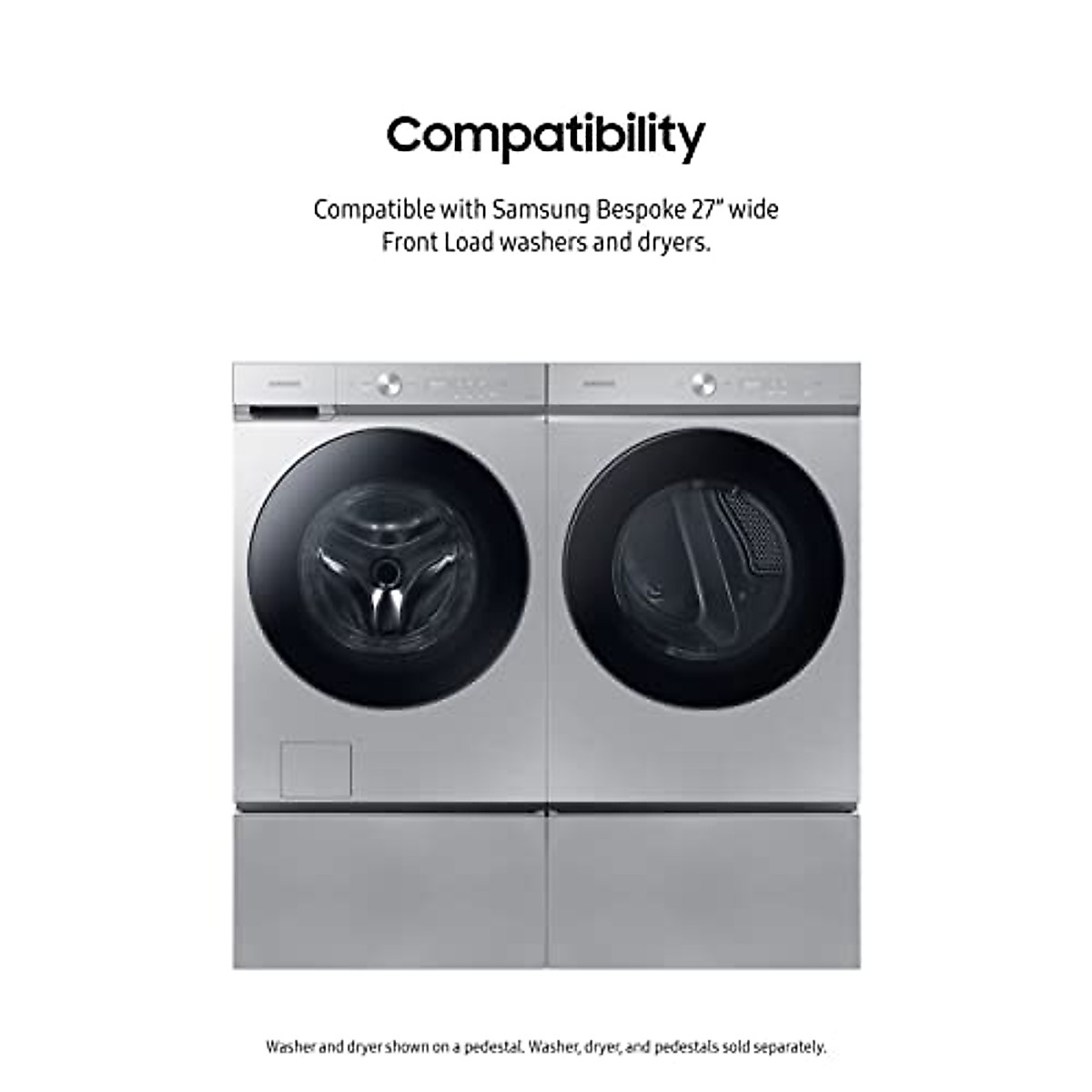 SAMSUNG 27-Inch Bespoke Front Load Washer Dryer Pedestal Stand w/ Pull Out Laundry Storage Drawer, WE502NT, Silver Steel