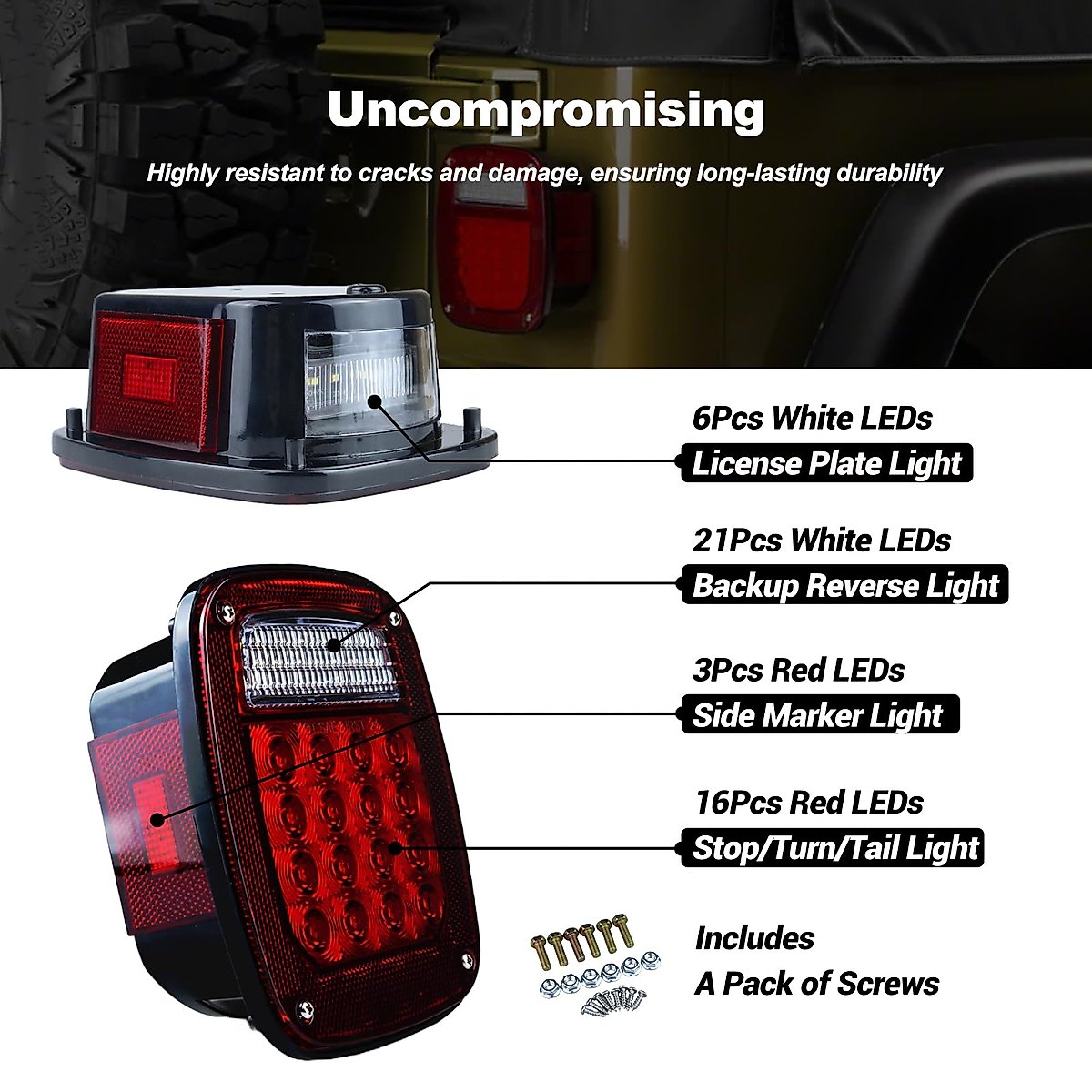 Tail Lights Assembly Replacement for 1979-2006 Wrangler TJ YJ CJ5 CJ7 Red Square Rear Combination Tail Lamps with Passenger and Driver Side Marker Stop Turn Signal Brake Lights DOT Certified, 2Pcs