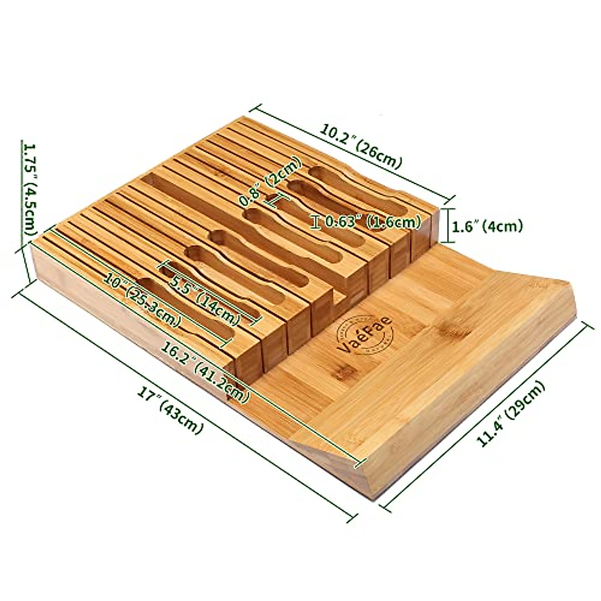 In-Drawer Knife Block,Bamboo Knife Drawer Organizer Insert, Kitchen Knife Drawer Storage for 16 Knives PLUS a Slot for your Knife Sharpener (Without Knives)