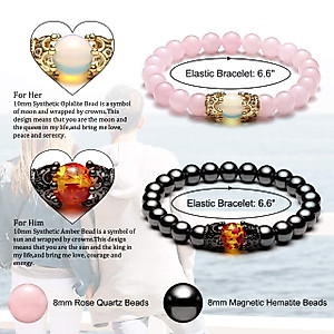 Jovivi 2pcs Couple Bracelets for Men Women 8mm Rose Quartz Hematite Healing Energy Beads Stretch Crown King Charm Bracelet Adjustable