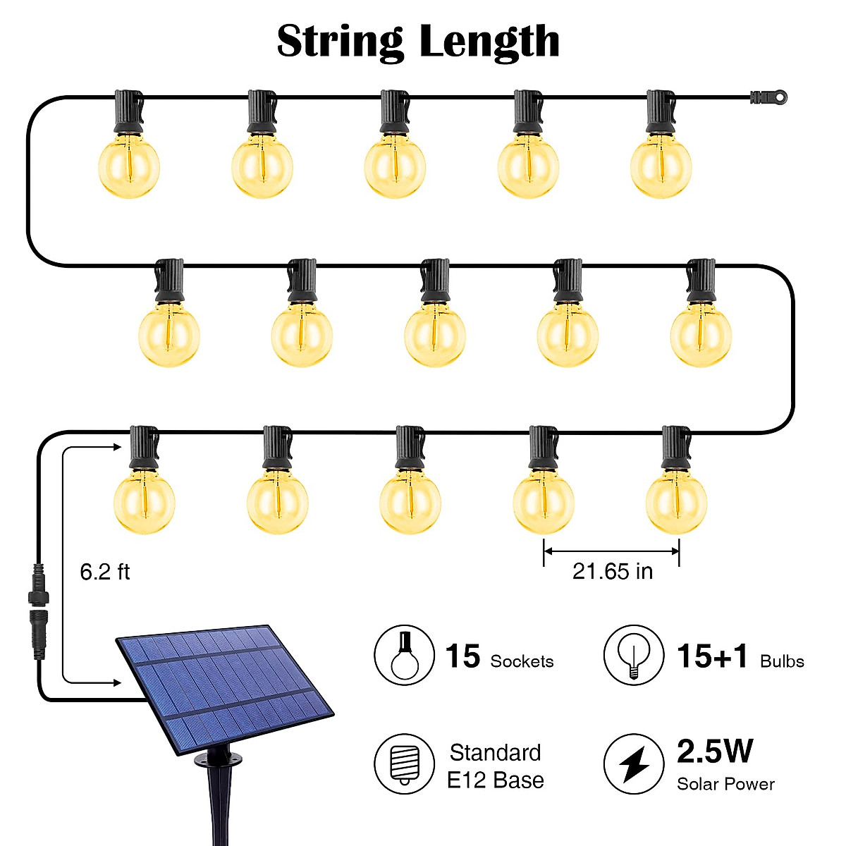 ZJOJO Solar Outdoor String Lights 35FT G40 Globe Patio Lights Outdoor String Lights Solar Powered with 15 Edison Glass Bulbs 2700K Shatterproof Hanging Lights for Porch Garden Backyard Pergola Bistro