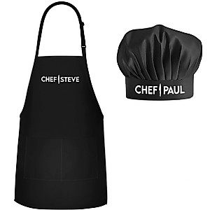 Personalized Apron and Chef Hat Set - Adjustable 1 Size Fits up to3XL - Custom Add A Name Apron for Men and Women - Cooking Gift (Professional Knife Design)