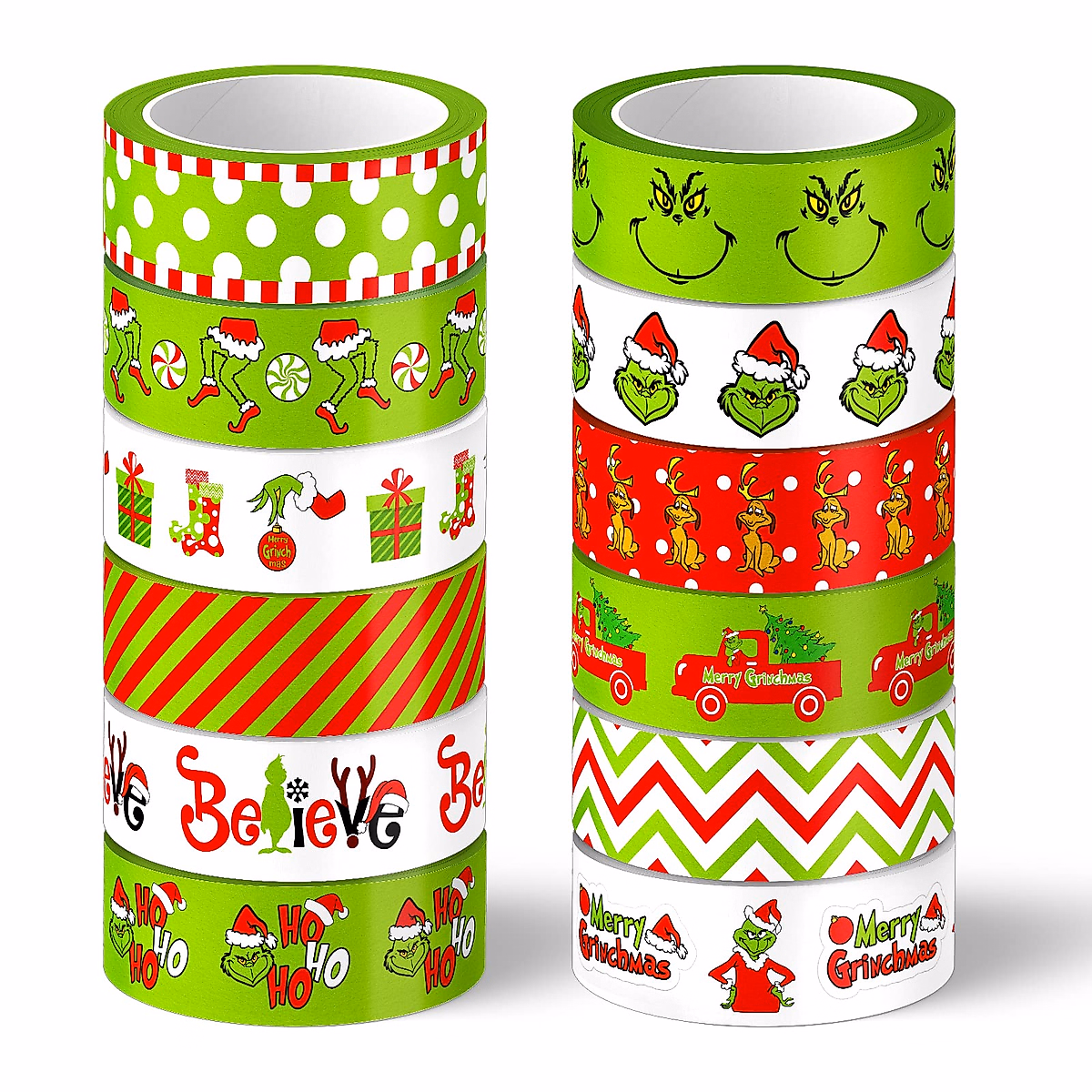 Whaline 12 Rolls Christmas Washi Tape Funny Cartoon Characters Decorative Tape Green Red Xmas Holiday Masking Tape for Christmas Scrapbook Journal Calendar DIY Craft Gift Wrapping, 16.4ft x 0.6"