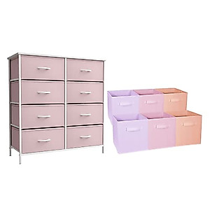 Sorbus Kids Pink Dresser with 8 Drawers + 11 Inch Pink, Purple, & Orange Cube Storage Bins (6 Pack) Bundle - Matching Set - Storage Unit Organizers for Clothing - Bedroom, Kids Rooms, Nursery, & Close
