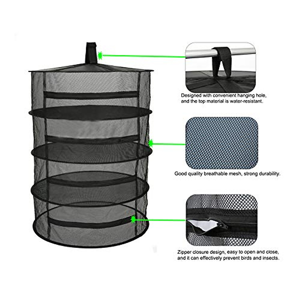 Herb Drying Rack Net Dryer 4 Layer 2ft Black W Zippers Mesh Hydroponics Mesh Collapsible Hanging Dryer Net Lights Carrying Case Indoor & Outdoor