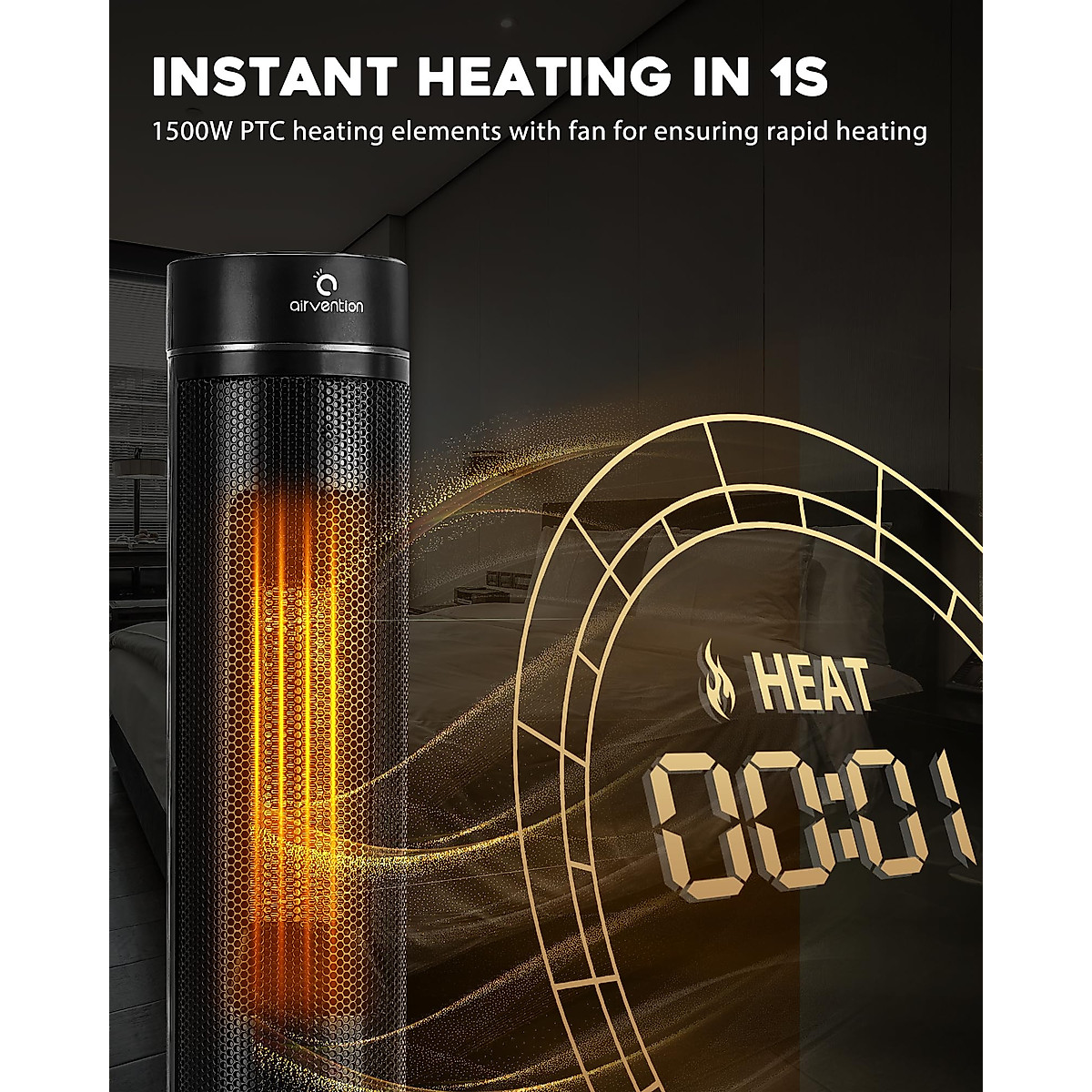 Space Heater Indoor, Airvention 1500W 34" Electric Heater for Large Room, 4 Modes,12H Timer, PTC Ceramic Heating with Thermostat, Remote, Portable Tower Heater for Office, Bathroom, Bedroom,AI-H300