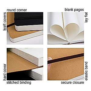 CooLeathor A5 Blank Notebook - 5.8 x 8.25 Inches Hard Kraft Cover Sketch Book with Elastic Closure, 80 Sheets / 160 Pages, Thick 100gsm Paper, Great for Sketching, Writing and Journal Refill