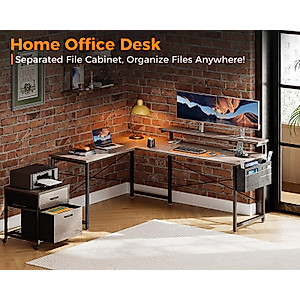 AODK L Shaped Computer Desk, 55" Office Desk with File Cabinet, Power Outlet and Adjustable Monitor Stand, Executive Home Office Furniture Set, Reversible Corner Desk with Storage Bag, Oak Grey