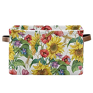 AUUXVA Flowers Sunflower Poppy Storage Bins Basket, Summer Floral Theme Collapsible Storage Cube Rectangle Storage Box with Handles for Shelf Closet Nursery Bedroom Home Office 2 Pack