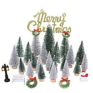 UNIPRIMEBBQ Mini Miniature Christmas Pine Tree Bottle Brush Trees Wooden Bases Tree for Your Village Desktop Xmas Holiday Party (Silver/Green 30pcs)