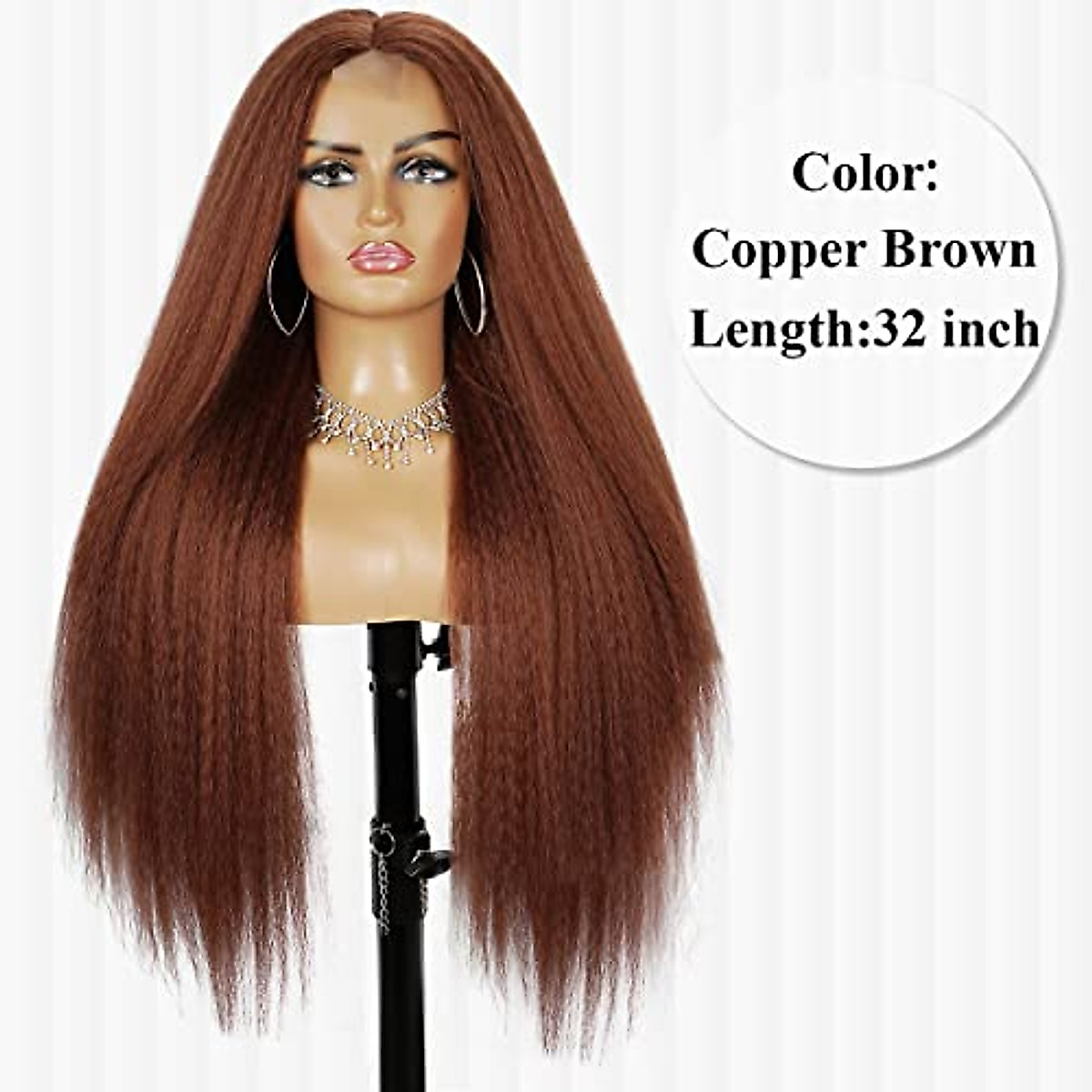 NOSTALGIA 32 Inch Copper Brown Kinky Straight Wig - Natural Kinky Wig for Black Women - Yaki Straight Hair Wig - Synthetic Middle Part Wigs - Daily Party Wig