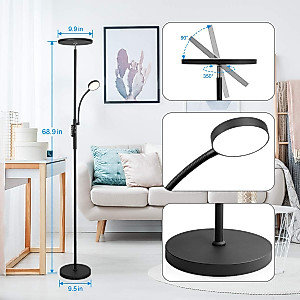 Led Floor Lamp - Soarz Torchiere Floor Lamp with Adjustable Reading Lamp,2000lumens Main Light and 400lumens Side Reading Light for Living Room, Bedroom, Office, Work with Remote Control, Matte Black