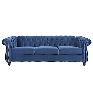 LEVNARY Three-Seat Velvet Sofa, Large Sofa Classic Tufted Chesterfield Settee Modern 3 Seater Couch Furniture Tufted Back for Living Room, Blue